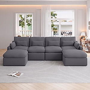 ISHUHL Modular Sectional Sofa, 124.41" U Shaped Couch with Corduroy, Convertible 6 Seat Cloud Couch with Ottomans, Dark Grey Oversized Sectional Couches for Living Room