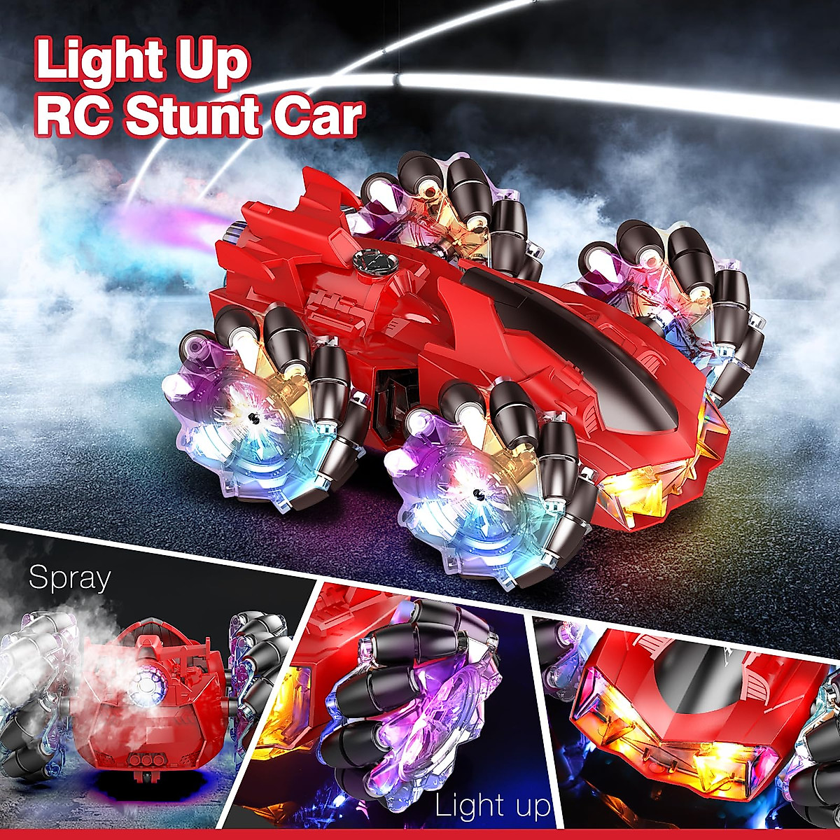 AEROQUEST 2-in-1 Remote Control Car - Light up RC Stunt Car for Kids with Spray Split Dual-Purpose Remote Control Cars for Adult 4WD RC Car with Two Rechargeable Batteries Gift for Kids