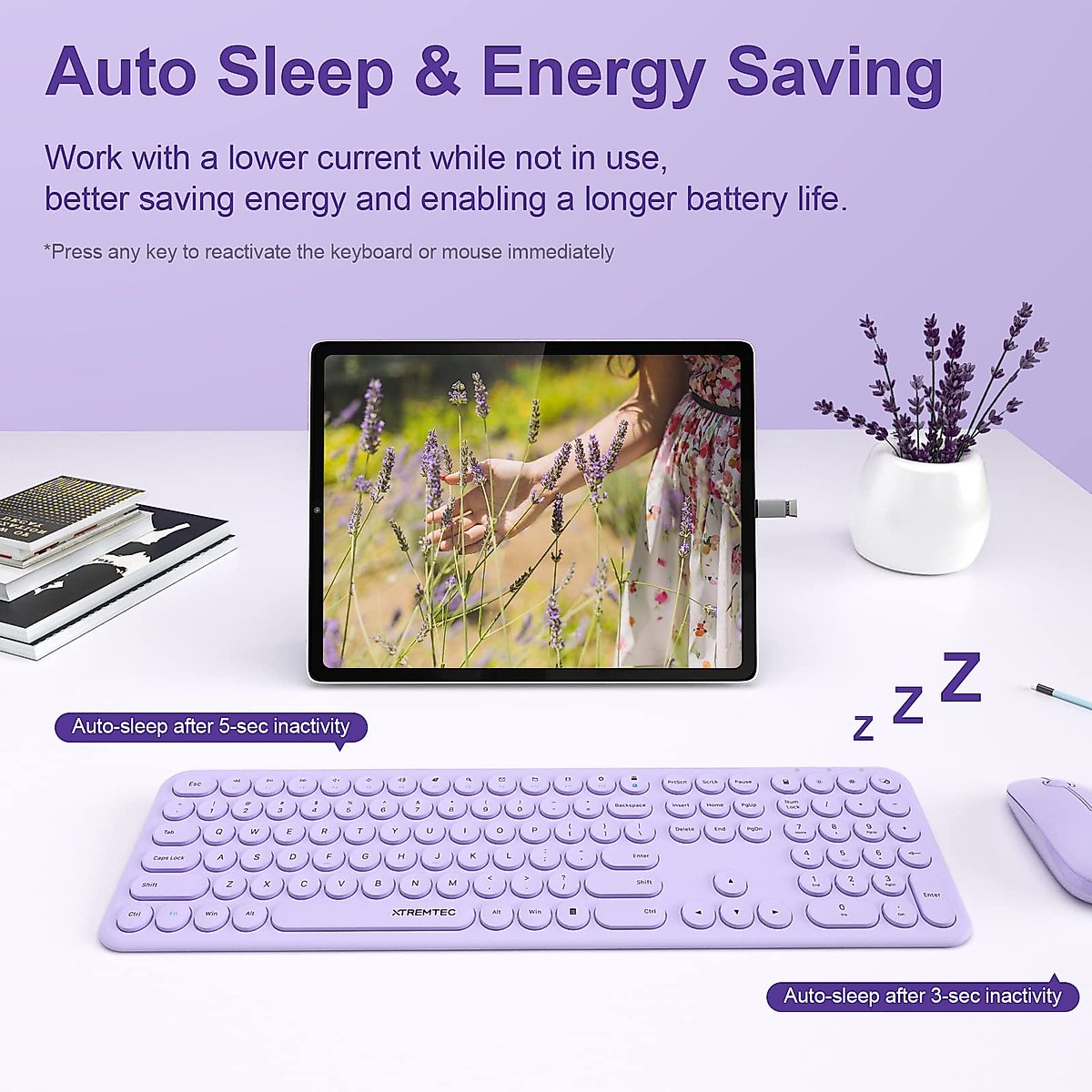Wireless Keyboard and Mouse, XTREMTEC 2.4G Full Size Wireless Keyboard Mouse Combo - Ultra Slim Silent Cute Computer Keyboard with USB Receiver for Windows, OS, PC, Desktop, Mac, Tablet (Purple)