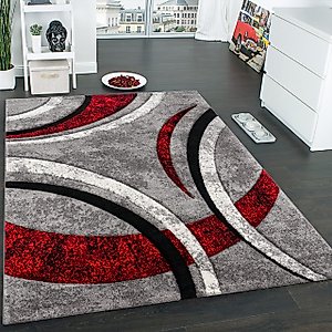 Paco Home Designer Rug with Contour Cut Striped Model in Grey Black and Red Mixture, Size:6'7" x 9'6"