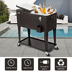 VINGLI 80 Quart Rolling Ice Chest, Portable Patio Party Bar Drink Cooler Cart, with Shelf, Beverage Pool with Bottle Opener (Brown)
