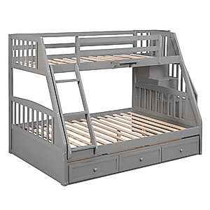 Bellemave Twin Over Full Bunk Bed with Stairs and Storage Drawers, Wood Bunk Bed Frame with Three Drawers and Shelves, Modern Detachable Bunked Frame for Kids Boys Girls Teens, Gray
