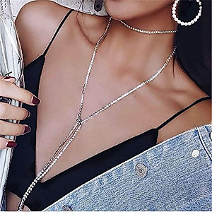 Chennie Rhinestone Choker Necklace Silver Crystal Long Necklaces Fashion Y-Necklaces Party Sparkly Adjustable Chain Jewerly for Women and Girls