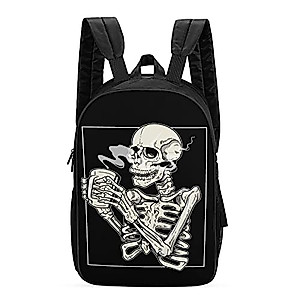 Skeleton Drinking Coffee Reversible Backpack Large Bookbag Double Sided Prints Travel Backpack Adult Unisex Casual Laptop Daypack School Backpack for Men Women College Students, 17 Inch, Black