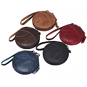 Genuine Leather Patchwork Retro Round Coin Purse Change Pouch Small Slim Clutch Wristlet RFID Blocking Wallet (Blue)