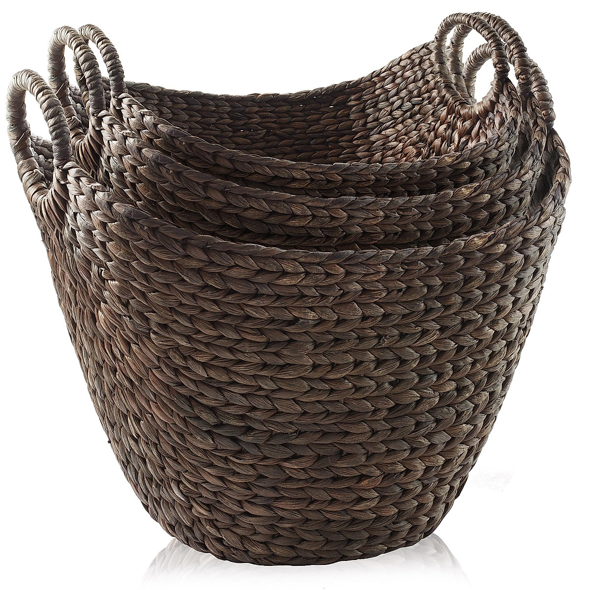 Casafield Set of 3 Multipurpose Boat Baskets with Handles - Espresso, Woven Water Hyacinth Storage Organizers for Throw Blankets, Bedroom, Living Room, Laundry