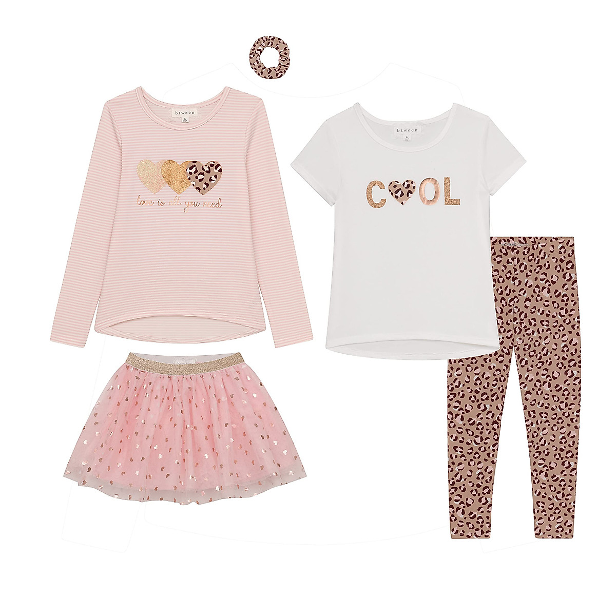 BTween Little Girls 4pc wardrobe pack, Long Sleeve top, Short sleeve top, Tutu skirt, legging
