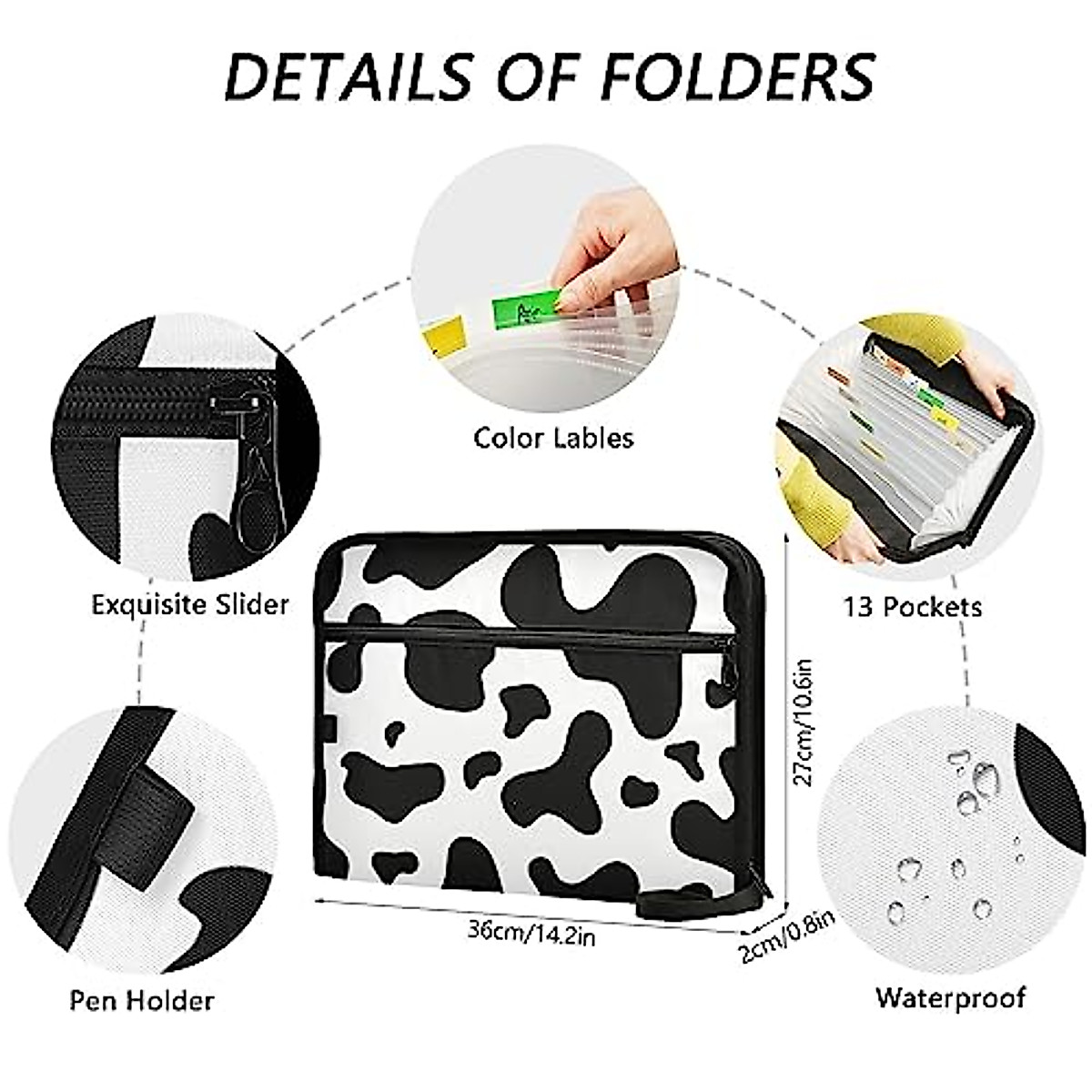 Cow Skin Print Expanding File Folder, 13 Pockets Accordion File Organizer with Sticky Labels Zipper Portable A4 Document Organizer for Home Office School Supplies