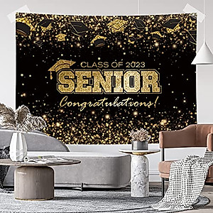Rsuuinu Class of 2023 Backdrop Black Gold Glitter Bokeh Graduation Party Photography Background Congratulations Senior 2023 Congrats Grad Prom Party Decorations Banner Photo Booth Props 7x5ft
