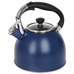 Rorence Stainless Steel Whistling kettle: 2.6 Quart with Capsule Bottom & Heat-resistant Glass Lid – Navy Blue