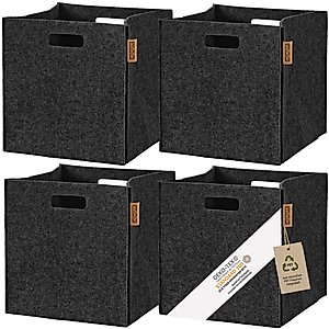 Storage Baskets for Shelves | Felt and Leather | Set of 4 Cubes | 12x12x12 in Closet Bins for Shelves, Baskets for Closet Organization Kallax Cubes Toy Storage (Light Grey or Dark Grey)