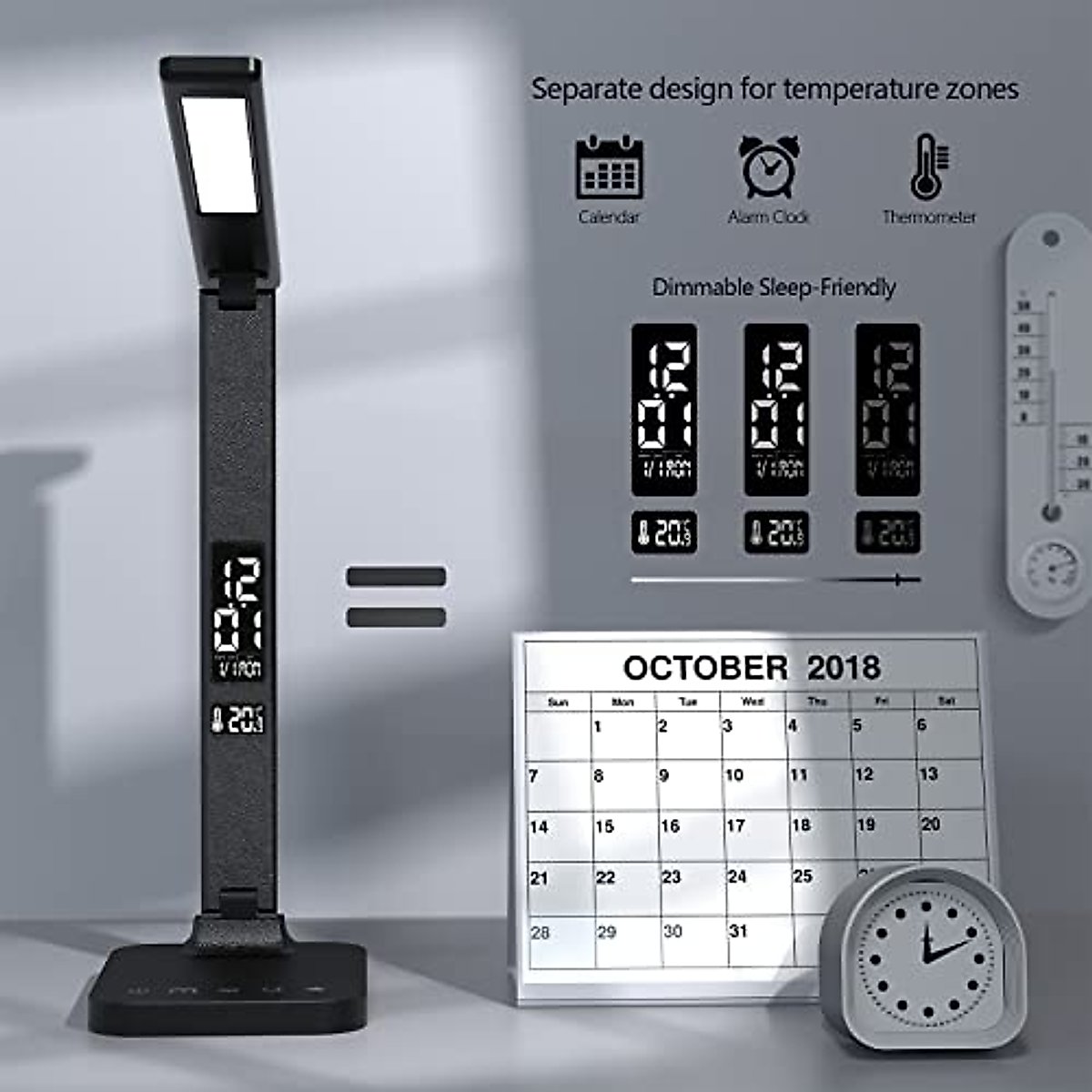 BMQJCBO Black LED Desk Lamp for Home Office with 10W Charger & USB Port ,LCD Display with Calendar Date Temperature Zoning Display, Extra Night Light Function