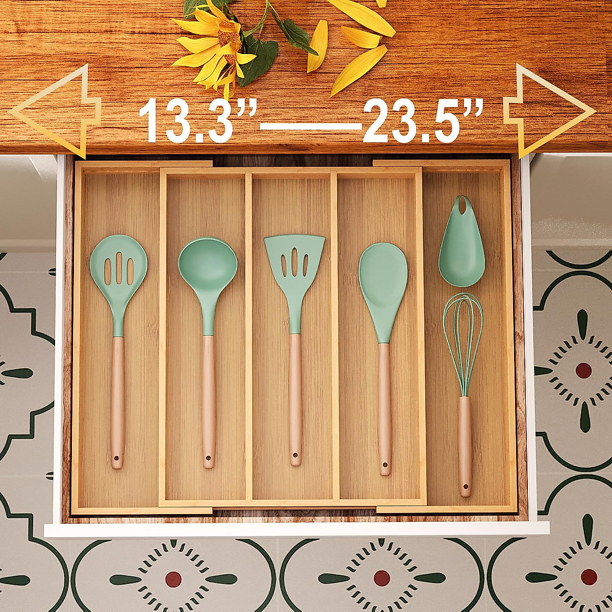 Fibogollo Expandable Kitchen Drawer Organizer,Silverware Organizer, Bamboo Drawer Organizer For Utensils,Adjustable Wood Flatware Tray in Drawer,Kitchen Organizers and Storage
