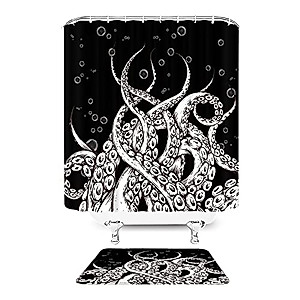 TFGGNDF 2 Piece Octopus Shower Curtain Sets with Bath Mat,White Octopus Tentacles Black Background Ocean Kraken 70"x 70" Bathroom Curatin with 12 Hooks and Bath Rugs