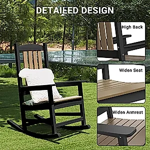 OTSUN Outdoor Rocking Chair, Patio Rocker Chair with High Back, All Weather Resistant Fade-Resistant Front Porch Rocking Chair, Stable Smooth Wood Rocker for Balcony, Yard (Black & Brown)