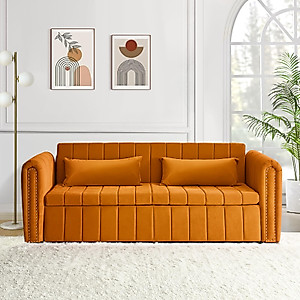 Antetek Oversized Sleeper Sofa w/Pullout Bed, 82-inch Modern Velvet Fabric Deep 3-Seat Couch with Metal Frame, 2 Toss Pillows, Comfy Upholstered Furniture for Living Room, Orange