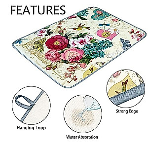 Dish Drying Mats for Kitchen Counter, TOPCARPENTER 18*24 inch Spring Flower& Hummingbirds Dish Drainer Mat, Ultra Absorbent Microfiber Dish Drying Pad for Kitchen Counter Coffee Bar