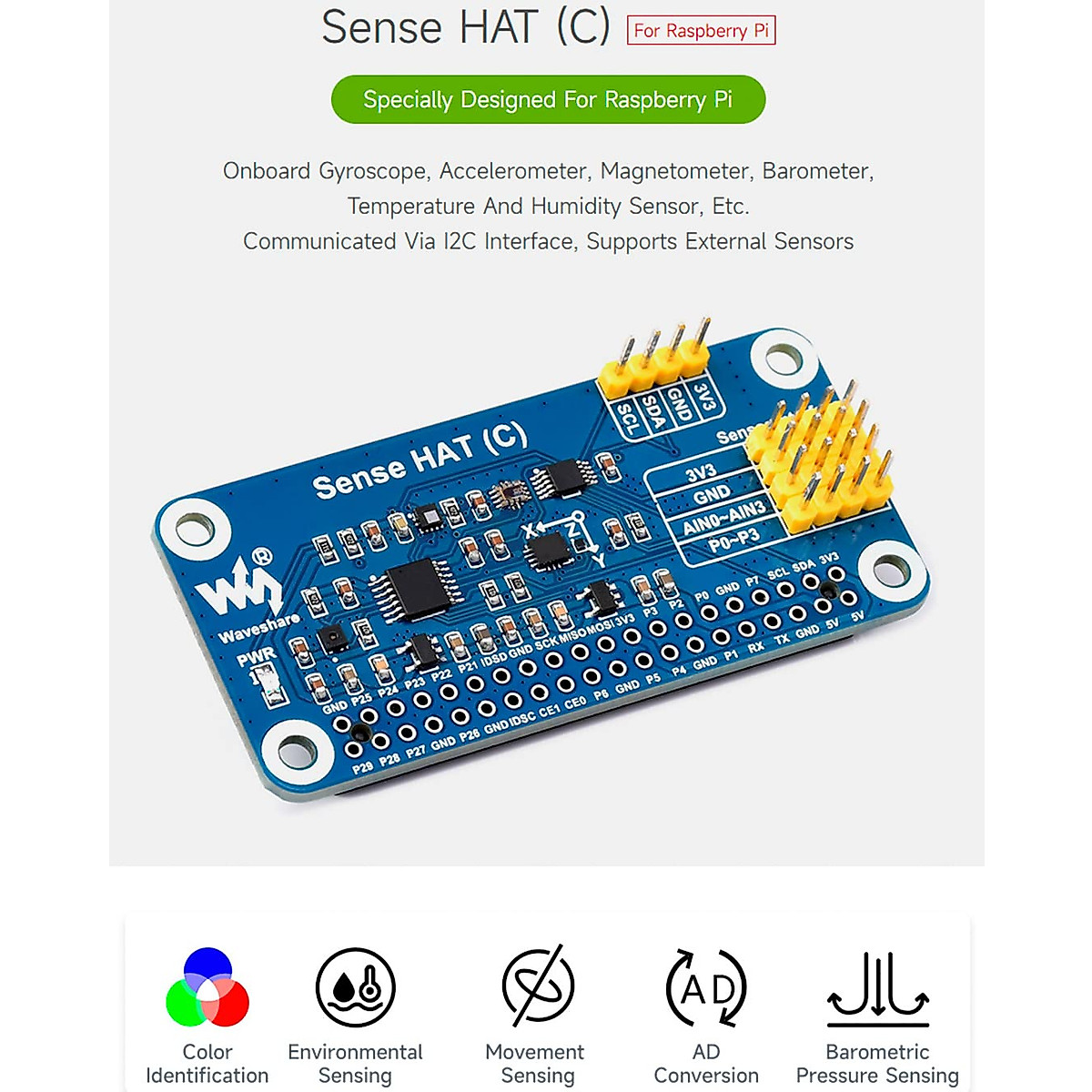 waveshare for Raspberry Pi 4B/3B+/3B/2B/B+/A+/Zero/Zero W/Zero 2W, Sense HAT (C) Onboard Gyroscope, Accelerometer, Magnetometer, Barometer, Temperature, Humidity Sensor, Supports External Sensors
