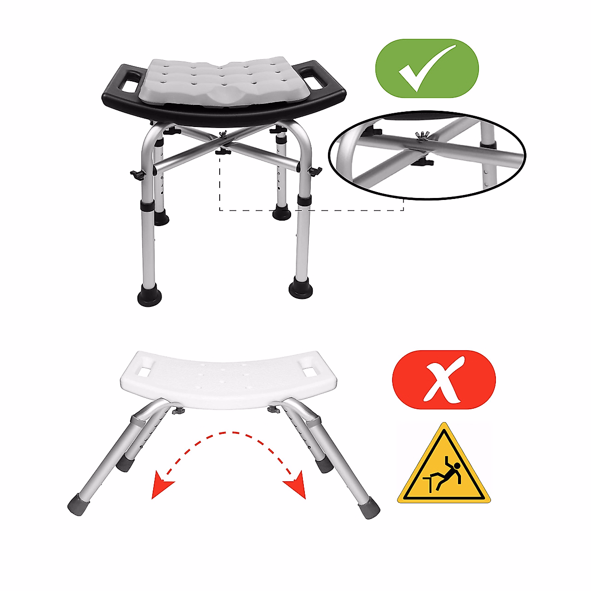 KMINA - Heavy Duty Shower Stool Padded (330 lb) with Double Reinforced Crossbar and Cushion, Shower Stool for Inside Shower, Shower Chair for Bathtub, Black Shower Seat Free Assembly - Made in Europe