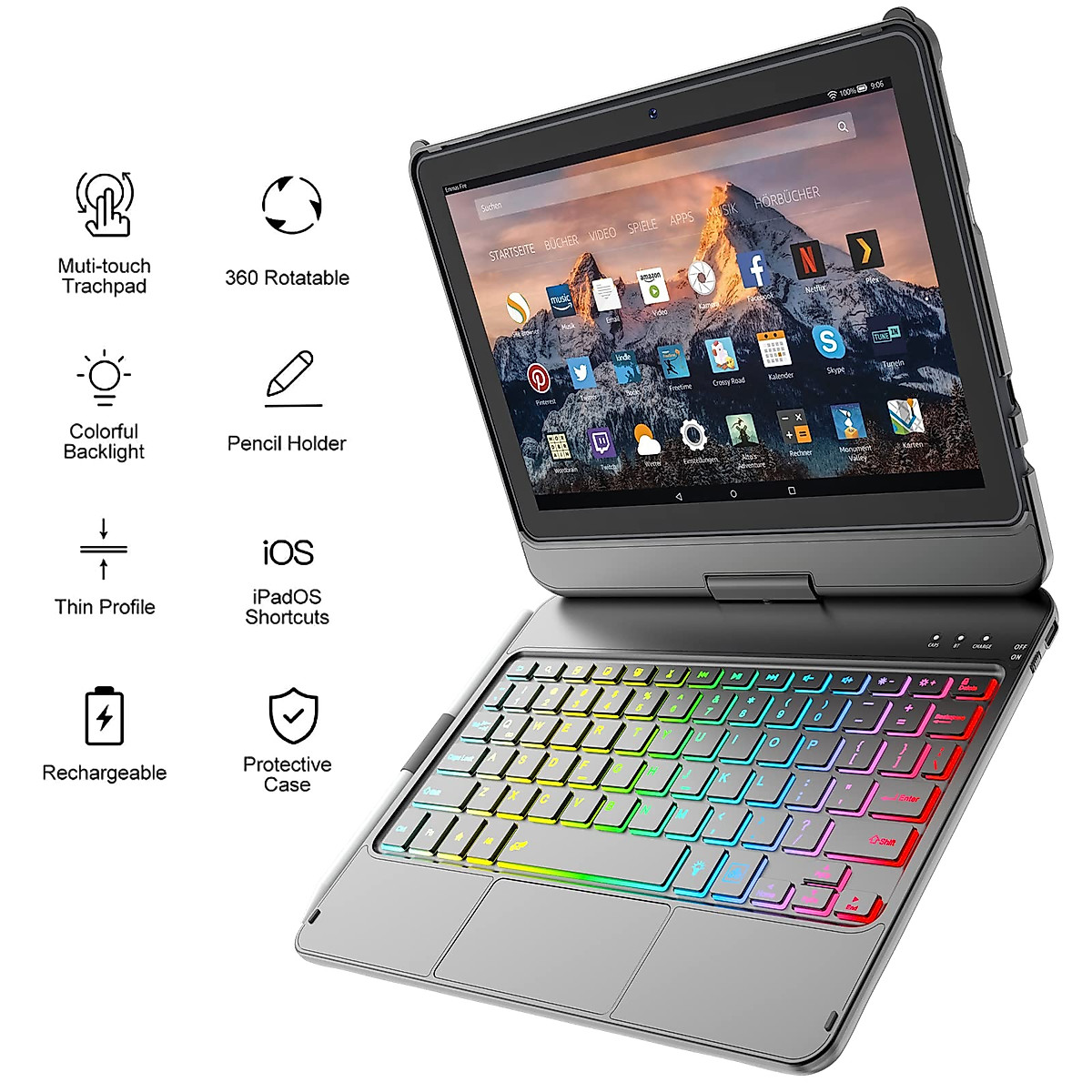 COO Keyboard Case for All-New Fire HD 10/ 10 Plus Tablet (11th Generation 2021 Release) 10.1", 360° Rotatable-7 Colors Backlit Touchpad Keyboard with Pencil Holder for Fire HD 10 Tablet