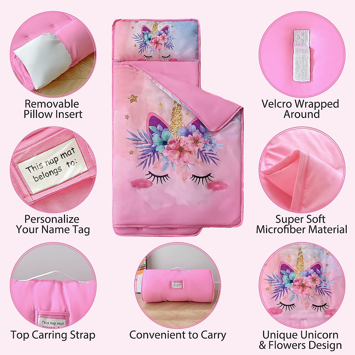 Unicorn Toddler Nap Mats for Preschool Daycare Girls Pink Cartoon Kids Sleeping Mats Toddler Slumber Bag Nap Pad with Removable Pillow for Girls Boys Kindergarten Sleepovers Travel and Camping