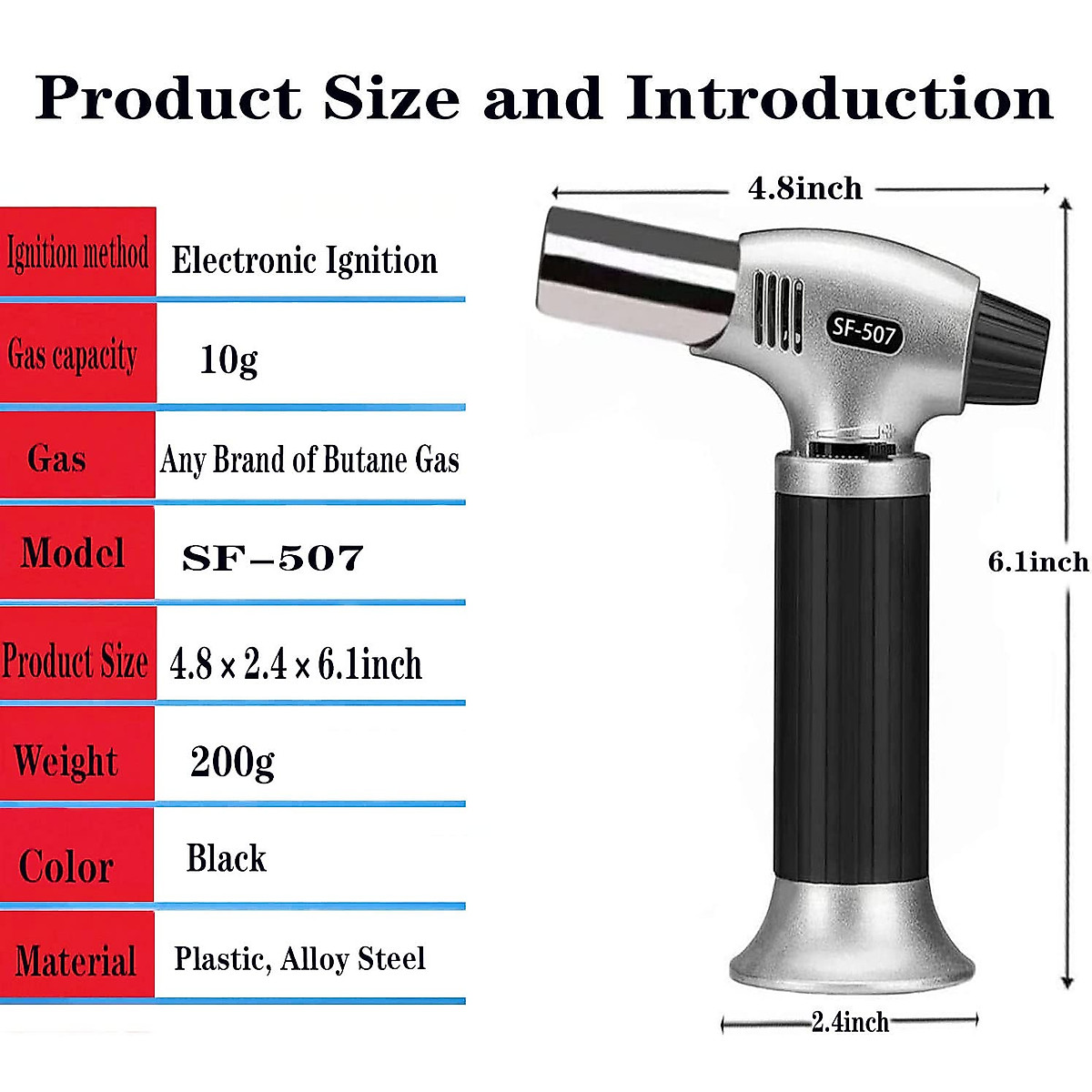 Refillable Butane Torch, Cooking Flame Stable & Adjustable, with Safety Lock, Fit All Gas, for Desserts, Creme Brule, BBQ Baking,Welding. (Gas not Includ, 4.72x1.8x5.7 inches), Black, SF-507