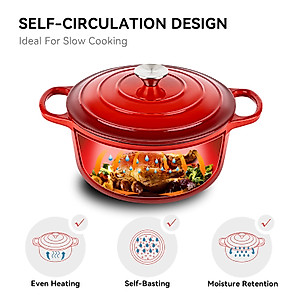 Miereirl 6 QT Enameled Dutch Oven Pot with Lid, Cast Iron Dutch Oven with Dual Handles for Bread Baking, Cooking, Non-stick Enamel Coated Cookware (Red)