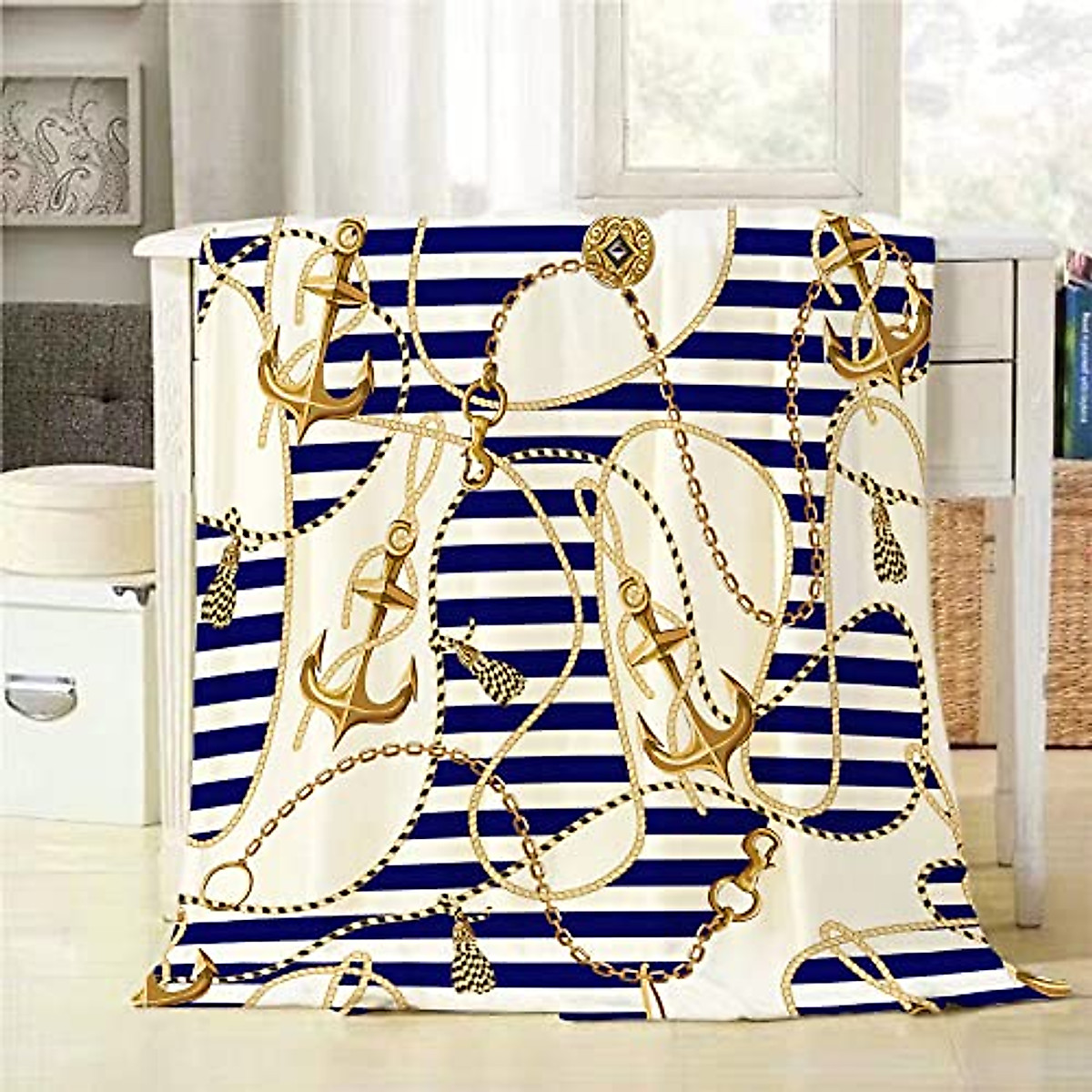 Beabes Gold Anchor Plush Blanket Throw Luxury Chains Coins Marine Navy Stripes Soft Bed Blankets for Home Bedroom Office Sofa Couch 50x60 Inch Throw Blanket