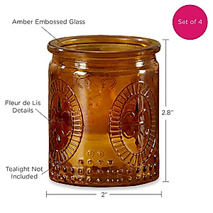 Kate Aspen Vintage Glass Tealight & Votive Candle Fleur-de-lis Tea Light Holders, Set of 4, Amber