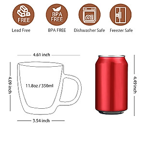 CNGLASS Double Wall Glass Coffee Mugs 12 oz,Insulated Glass Coffee Cups with Handle,Clear Coffee Glass,Cappuccino Cups,Tea Cups,Latte Cups,Beverage Glasses Heat Resistant,Set of 2