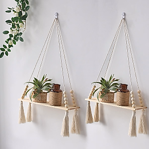 Artilady 2 Pack Wooden Wall Hanging Shelves - Macrame Hanging Plant Shelf with Tassel,Boho Storage Floating Shelves Handmade Rustic Hanger Planter Rack Pot Stand Holder (2 Tassel)