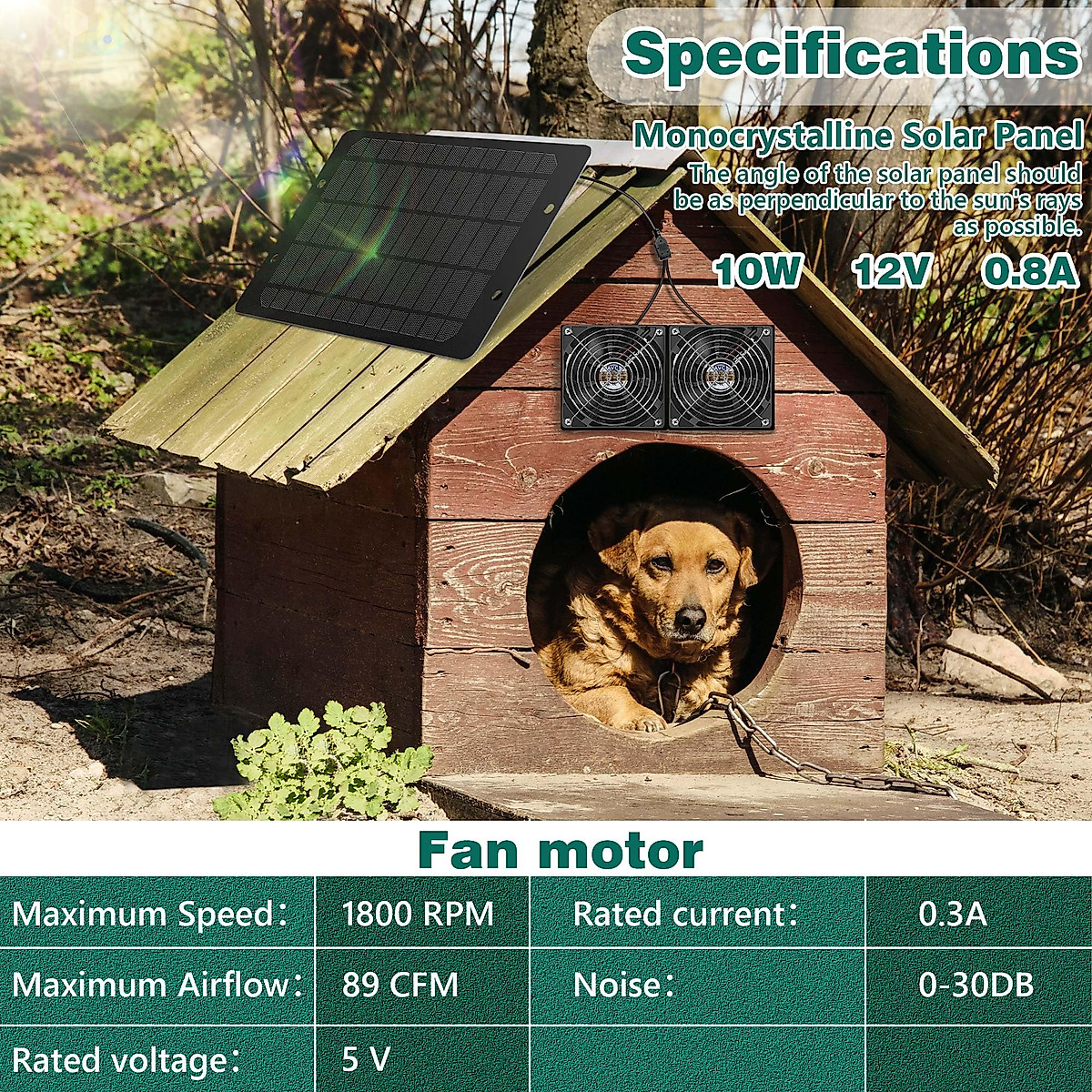 Gulfmew Solar Powered Waterproof Fan Kit, 10W Solar Panel with 2 Pcs High Speed Exhaust Fan, DIY Cooling System for Chicken Coop, Small Greenhouse, Dog House, RV, Shed, Gable, Attic