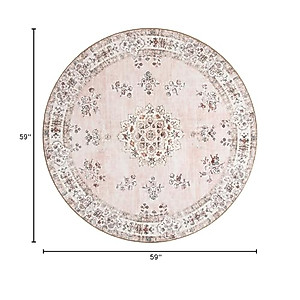 Lahome Machine Washable Round Rug 5Ft, Soft Boho Pink Round Area Rugs for Nursery and Girls Bedroom, Pastel Floral Ultra-Thin Non-Slip Circle Carpet for Living Room Indoor Floor Home Office Decor