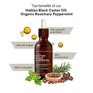 Kreyol Essence - Rosemary Peppermint Haitian Black Castor Oil for Skin and Hair, 2 Oz Glass Bottle - Rosemary Oil, Organic, hexane Free, Natural Humectant, Hair Growth.