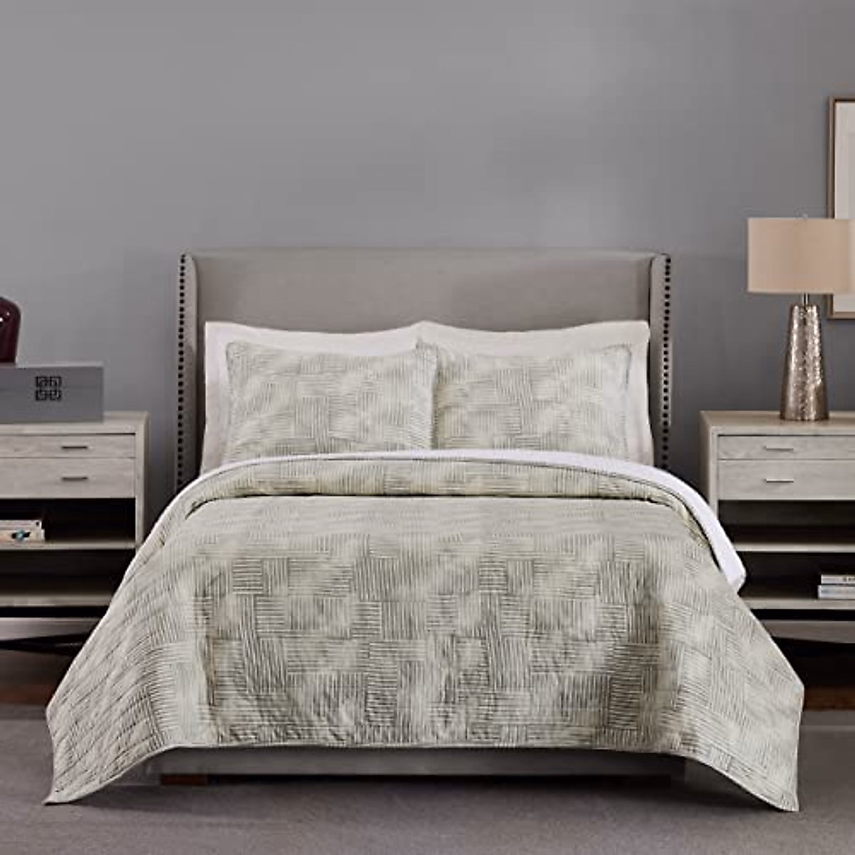 Ayesha Curry Stripe Square 3-Piece Quilt Set, Full/Queen, Green