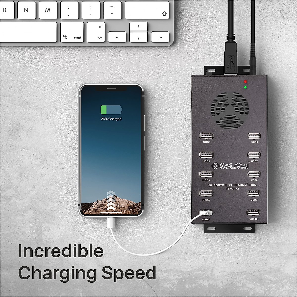 Premium Design USB 2.0 Hub - Multi-Safety Protection 10-Port Powered USB Hub 2.0 with AC Adapter - USB Splitter with Cooling Fan and Mounting Brackets - Aluminum Charging Hub for Multiple Devices
