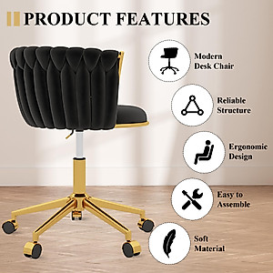 GOOLON Velvet Desk Chair, Modern Office Chair with Wheels, Home Swivel Vanity Armchair with Woven Back Comfy Height Adjustable Seat Sturdy Golden Metal Rolling Base for Makeup Bedroom, Black