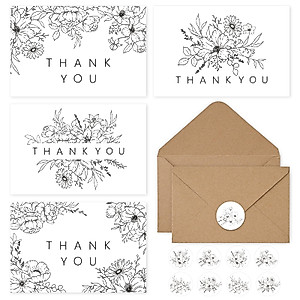 AnyDesign 32 Pack Floral Line Art Thank You Cards Black White Thank You Note Cards with Envelopes Stickers Minimalist Flower Blank Cards for Wedding Birthday Bridal Shower DIY Card Supplies