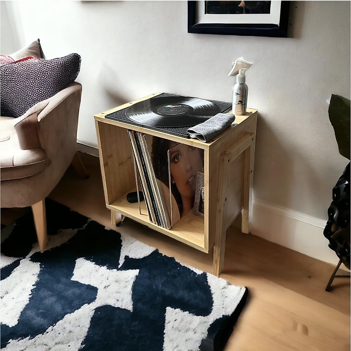 Turnable Stand with Record Storage - Stackable Bamboo Record Player Stand with Storage for 12" Vinyl Albums Turntable Cabinet Nightstand - Living Room Bedroom Sofa Couch Bed Side Night Stand