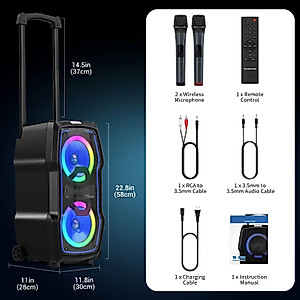 VeGue Karaoke Machine, Wireless Bluetooth PA System for Adults & Kids with Dual 8'' Subwoofers, 2 UHF Wireless Mics, Colorful LED Lights, Ideal for Home Karaoke, Party, Stage Performance (VS-0808)