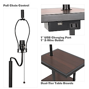 hykolity Floor Lamp W/ End Table and USB Charging Port, Modern Bedside Nightstand Lighting, Walnut Attached Side Table W/ Shelves for Living Room, Bedroom, Guest Room, Bulb Sold Separately