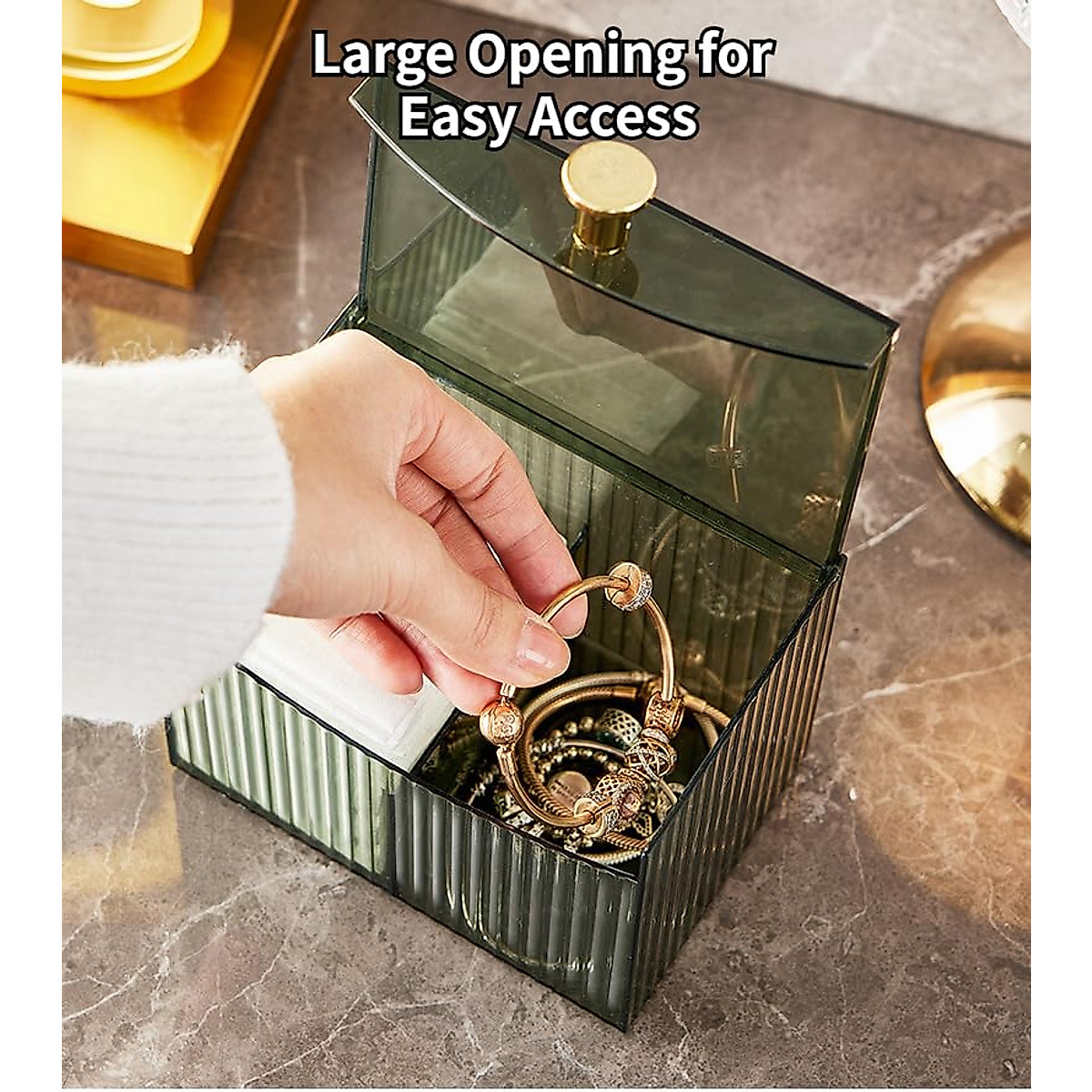 Clear Qtip Holder Dispenser for Cotton Ball and Swab Plastic with Lid Translucent Canister 2 compartment Bathroom Living Room Bedroom Vanity Makeup Organization (Green*2)