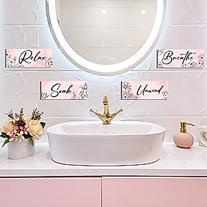 Creoate Pink Bathroom Wall Decor 4 Pieces Relax Soak Unwind Breathe Minimalist Bathroom Signs Floral Print Wooden Hanging Wall Decor for Women Small Farmhouse Home Bathroom