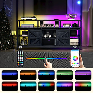 Mid Century Modern Black TV Stand with Sliding Barn Doors, Charging Station, LED Lights, and Storage Shelves for up to 70 inch TVs