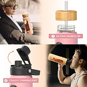 Kodrine Glass Water Bottles with Straw, 32 oz Water Bottle with 2 Lids - Handle Spout Lid & Bamboo Straw Lid, Silicone Sleeve, Wide Mouth, Leakproof, BPA Free(Amber)