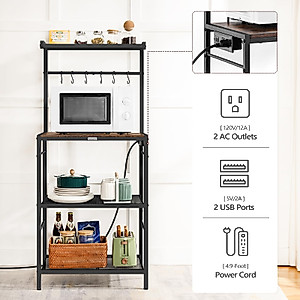 MAHANCRIS Bakers Rack with Charging Station, Microwave Stand with 6 S-Shaped Hooks, 4-Tier Storage Rack, Practical Coffee Bar, for Kitchen, Dining Room, Rustic Brown BRHR35E01