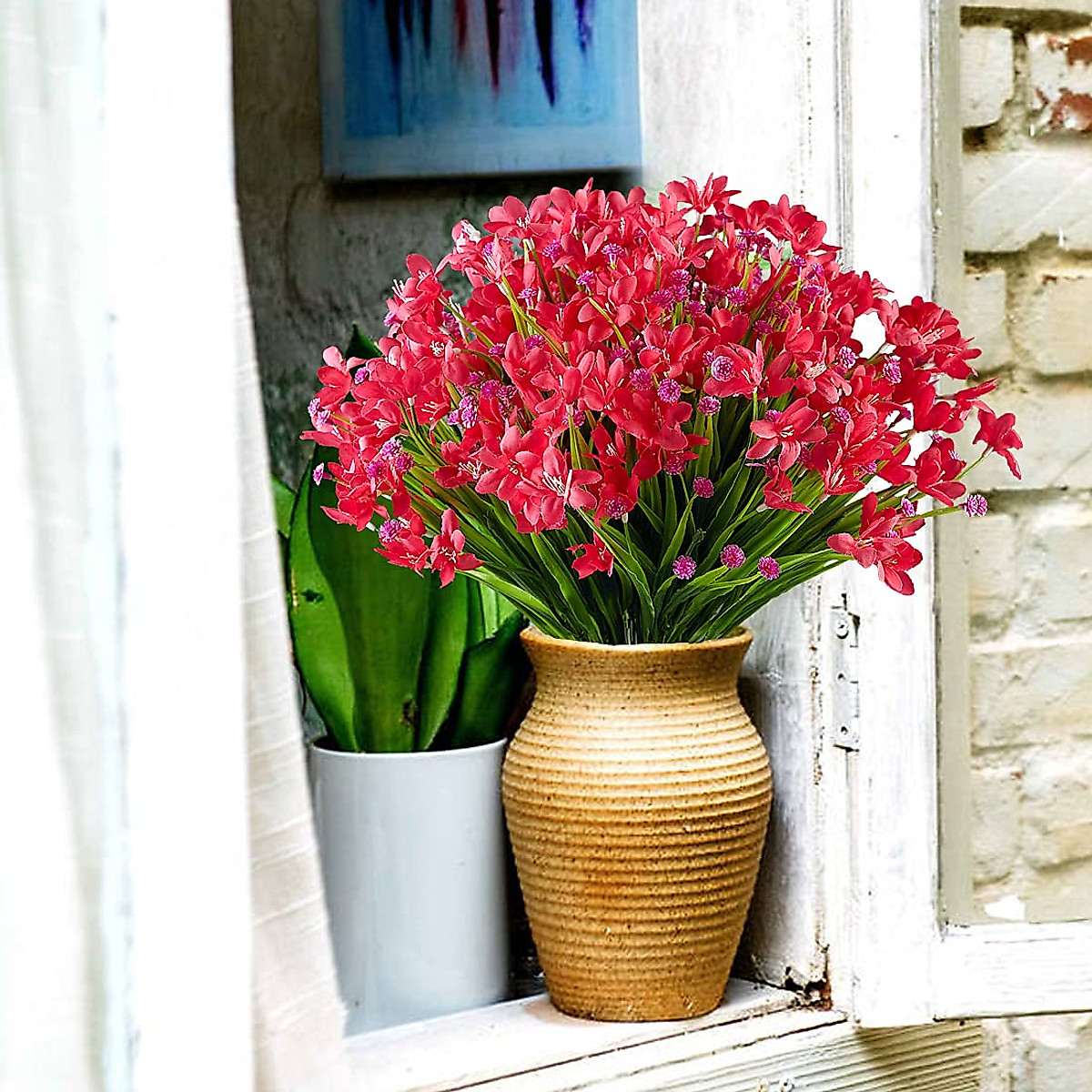 GREBOU 10 Bundles Artificial Daffodils Flowers Faux Plastic Lotus Shrubs UV Resistant No Fade Faux Greenery for Bridal Bouquet Home Garden Hanging Planter Porch Patio Office Wedding Decoration(Red)