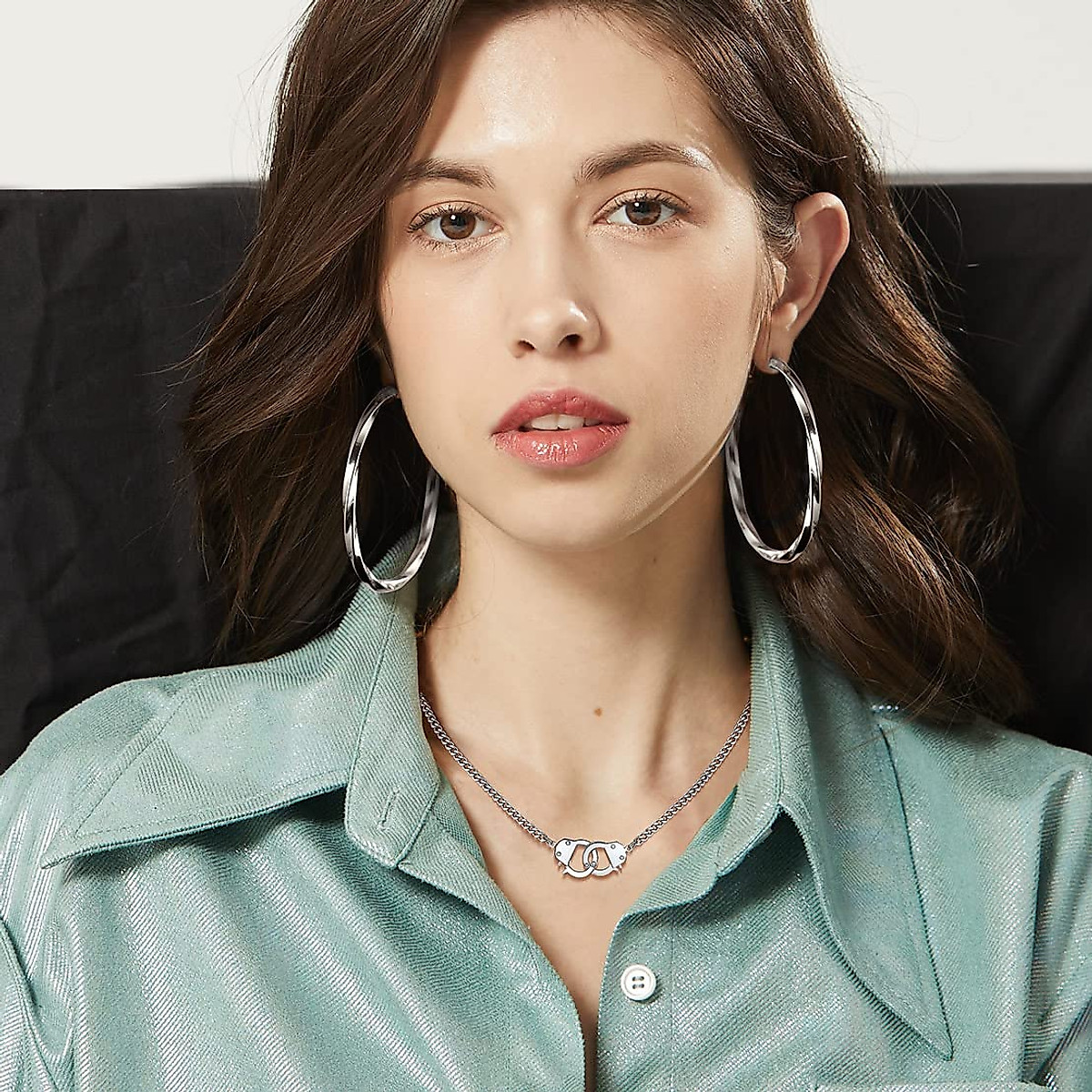 FindChic Handcuff Necklace Partners in Crime Stainless Steel Curb Chain Interlocking 18inch Statement Necklace for Women Men Goth Punk Jewelry