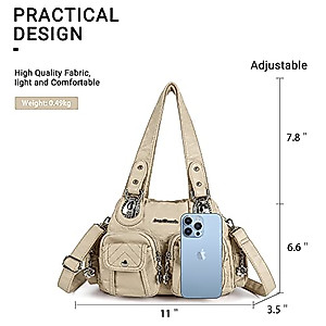 Angelkiss Small Hobo Bag for Women Soft Washed Vegan Leather Multi-pocket Shoulder Handbags and Purses Satchel Purse Roomy and Fashion