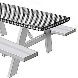Sorfey Vinyl Picnic Table Fitted Tablecloth Cover, Checkered Design, Flannel Backed Lining, 28 x 72 Inch, Black